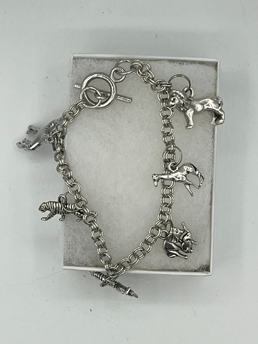 Silvertone Jungle Animal Themed Charm Bracelet Lion Giraffe Elephant C ...
